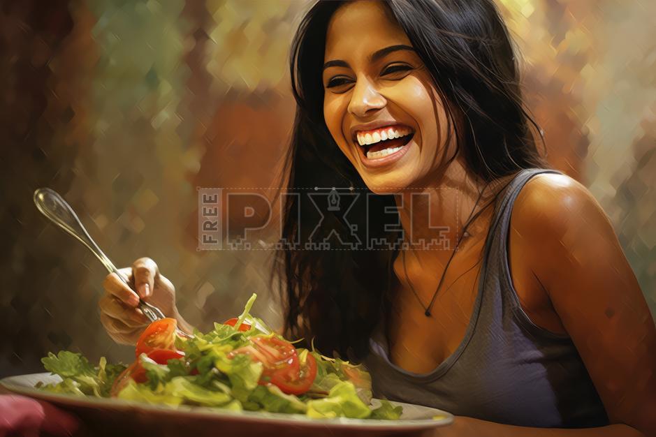Woman Eating Salad While Laughing
