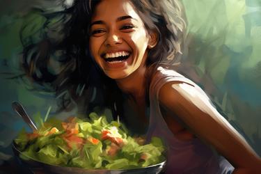 Woman Eating Salad While Laughing