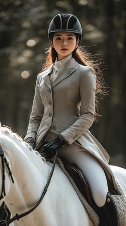Similar Images Like A Woman In A Riding Helmet And Coat Sits On A White ...